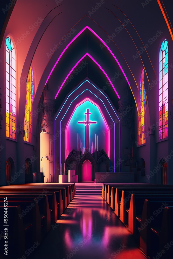 Interior of cyberpunk neon church Stock Illustration | Adobe Stock