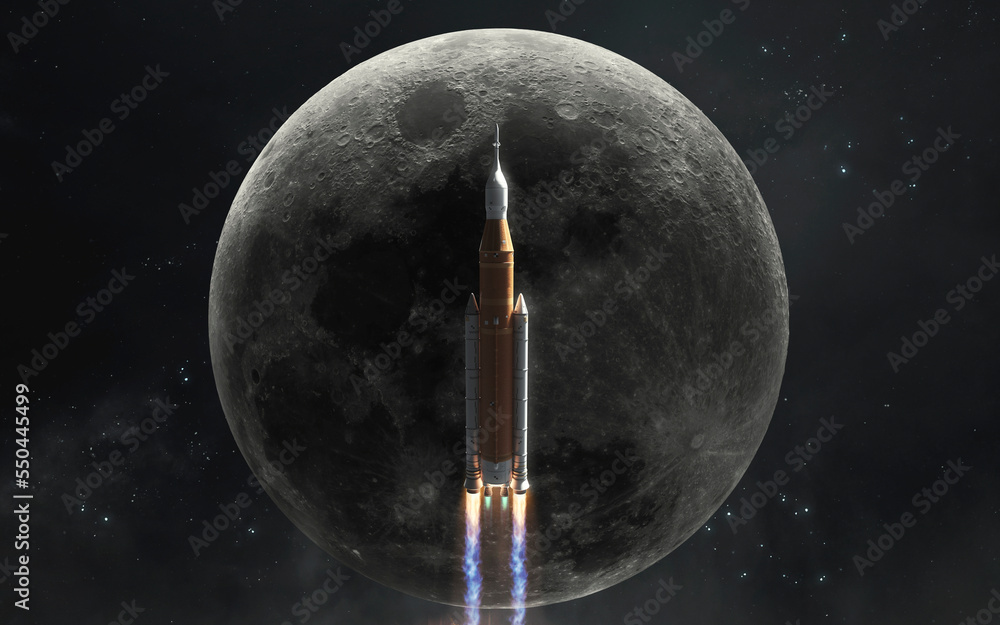 3D illustration of Moon and SLS rocket start. Artemis space program. 5K ...