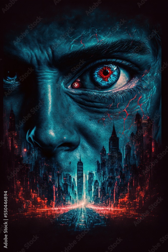 Eye in the sky. Scary crazy bloodshut eye and male face over black ...