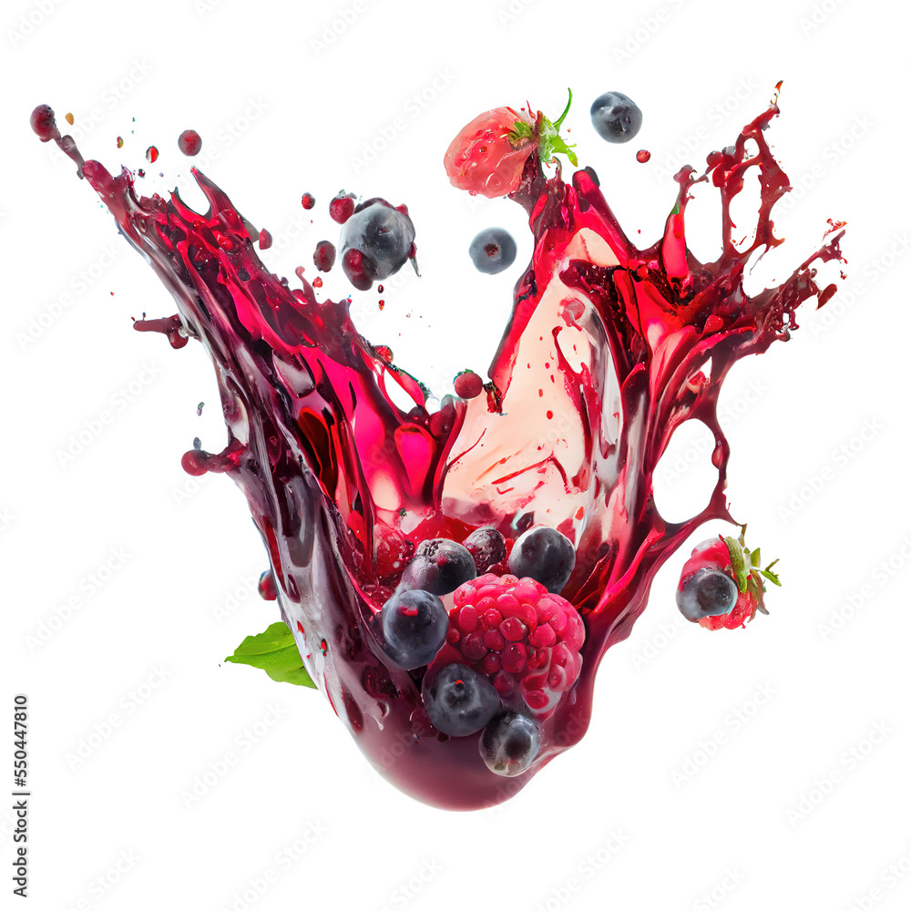 Berry juice splash red pink isolated on transparent background. Blackberry, blueberry and ...
