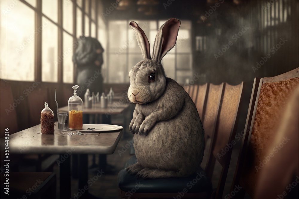 Sad lonely bunny rabbit eats breakfast alone at a diner Stock ...