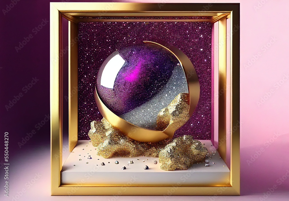 Purple and gold kinetic sand in a glass spherical case, enclosed in a ...