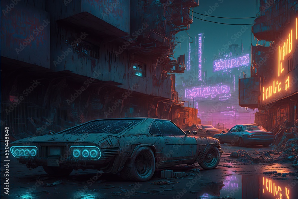 Abandoned cyberpunk parking lot with cars and buildings Stock ...