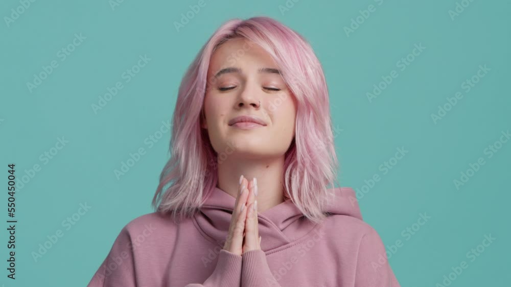 Pleading funny young student woman 20s years old with pastel pink hair ...