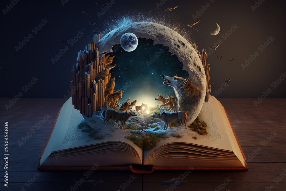 Horror story, wherewolves coming out of a book, crying to the full moon ...