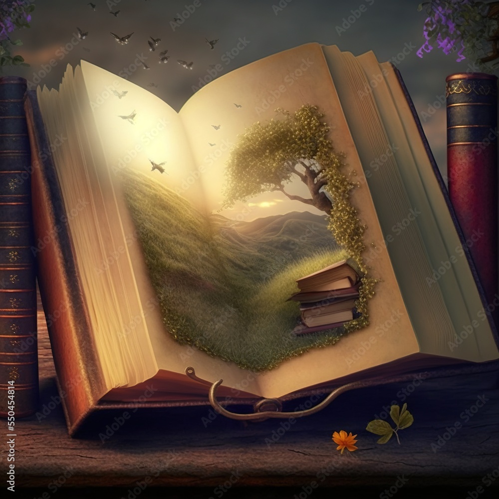 Story book, story coming alive: nature grows out of an old yellow book ...