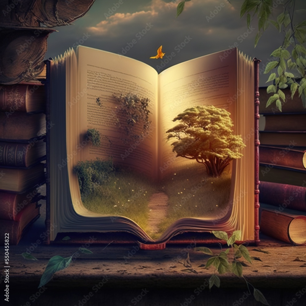 Story book, story coming alive: nature coming out of an old yellowish ...