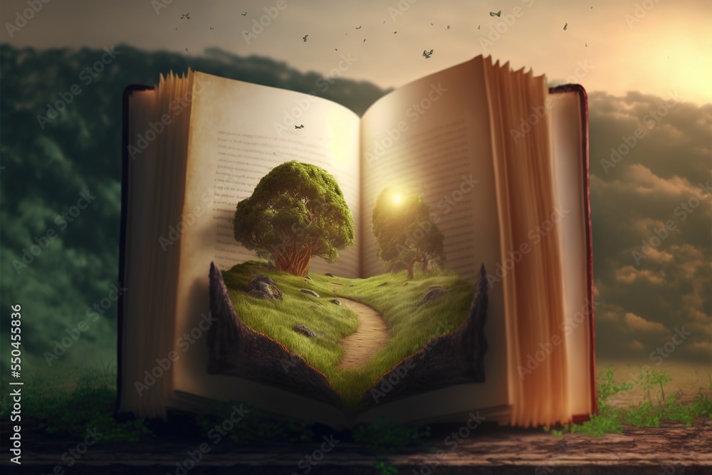 Story book, story coming alive: nature coming out of an old yellowish ...