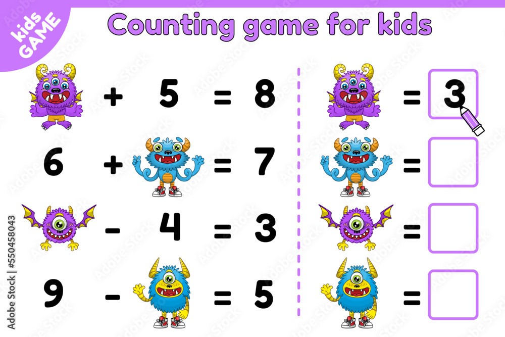 Counting game for children. Addition and subtraction. Teaching ...