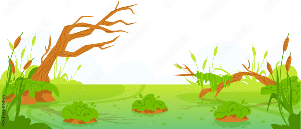 Nature landscape background, natural green forest with swamp, vector ...