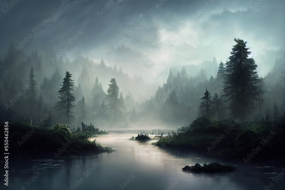 Mystery Deep Forest with River and Fog. Fantasy Backdrop. Concept Art ...