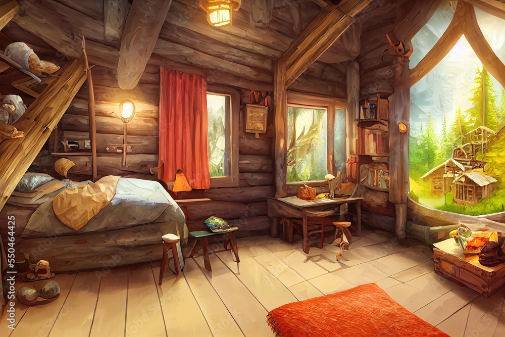 Inside of Tree House, Warm Cabin. Video Game's Digital CG Artwork ...