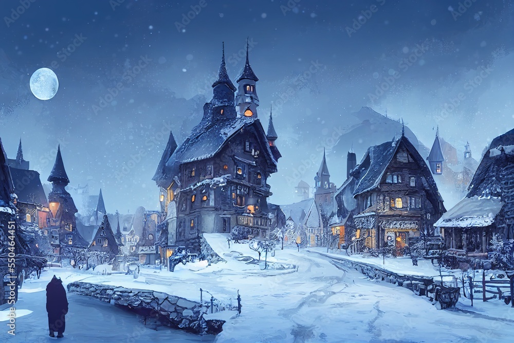 Small Fairy Tale Town Winter Night with Snow. Fiction Backdrop. Concept ...