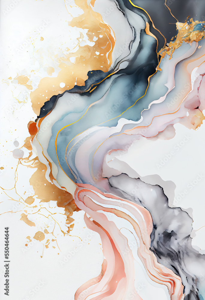 Abstract watercolor marble texture, smoke, mist, gold, blue, beige, and ...