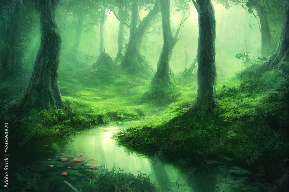 ภาพประกอบสต็อก Mystery Forest Pond. Fantasy Backdrop. Concept Art ...