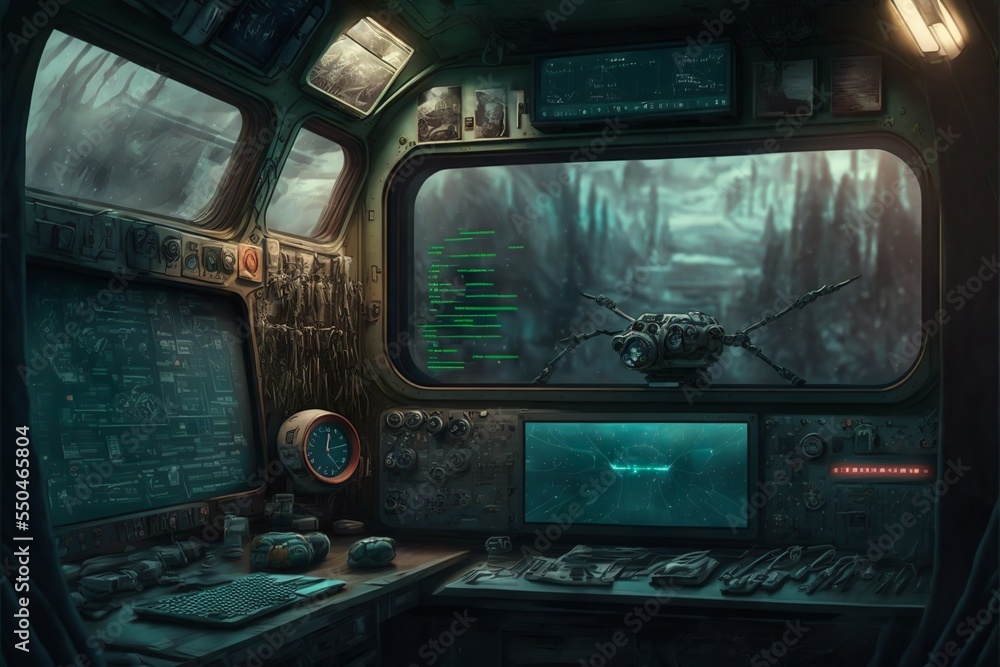 Retrofuturistic rusty old sci-fi spaceship interior design Stock ...