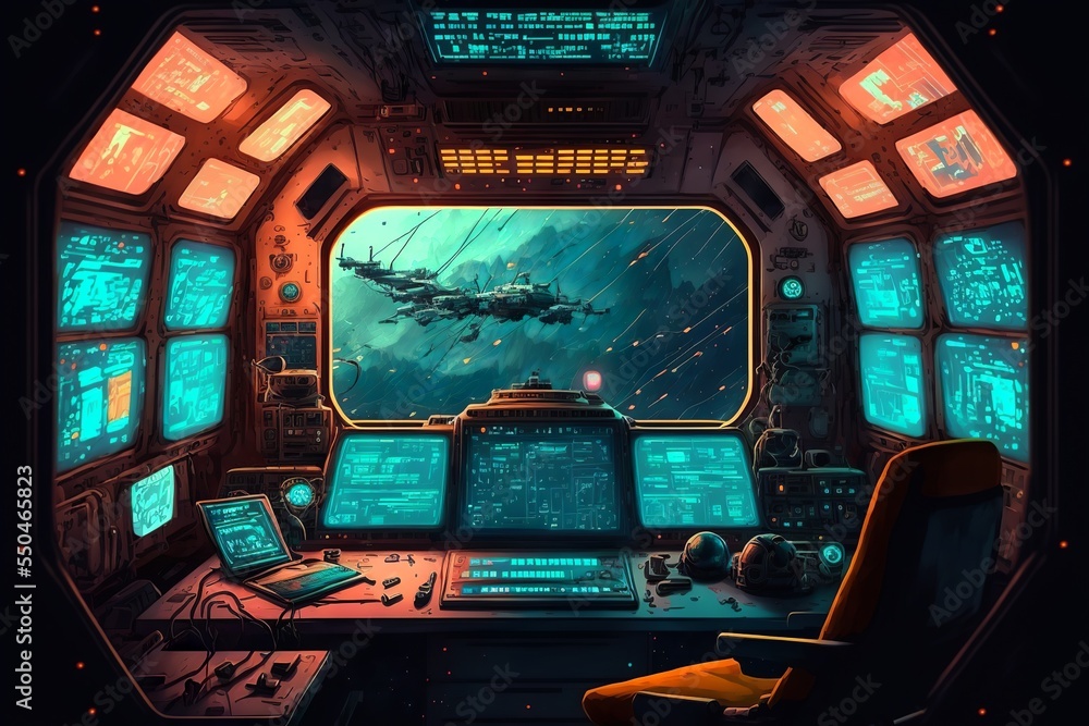 Futuristic sci-fi combat spaceship interior design with interface Stock ...