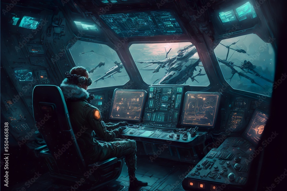 ภาพประกอบสต็อก Futuristic sci-fi spaceship interior with pilot sitting ...