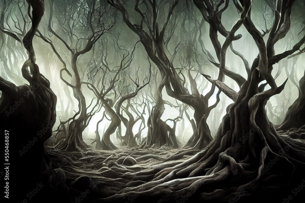 Scary fairy tale mystical forest. Twisted creepy trees, magical forest ...
