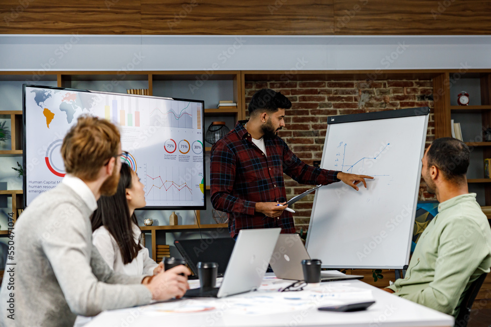 Motivated Indian guy team leader explains company development strategy ...