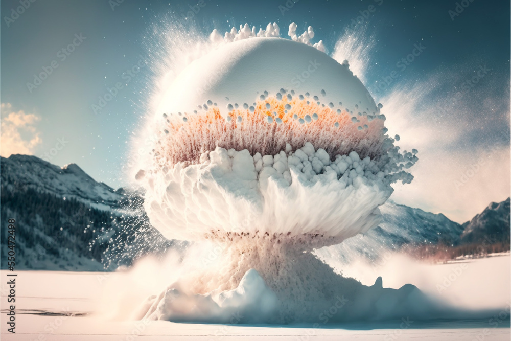 Huge exploding snowball consumed with vivid fire and expansion gases ...