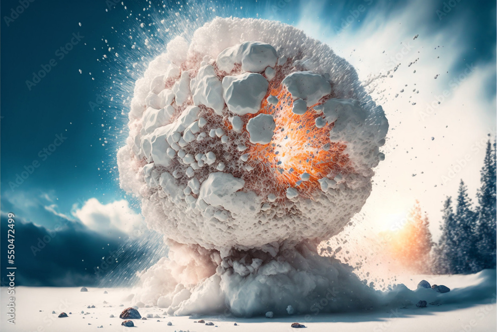 Huge exploding snowball consumed with vivid fire and expansion gases ...