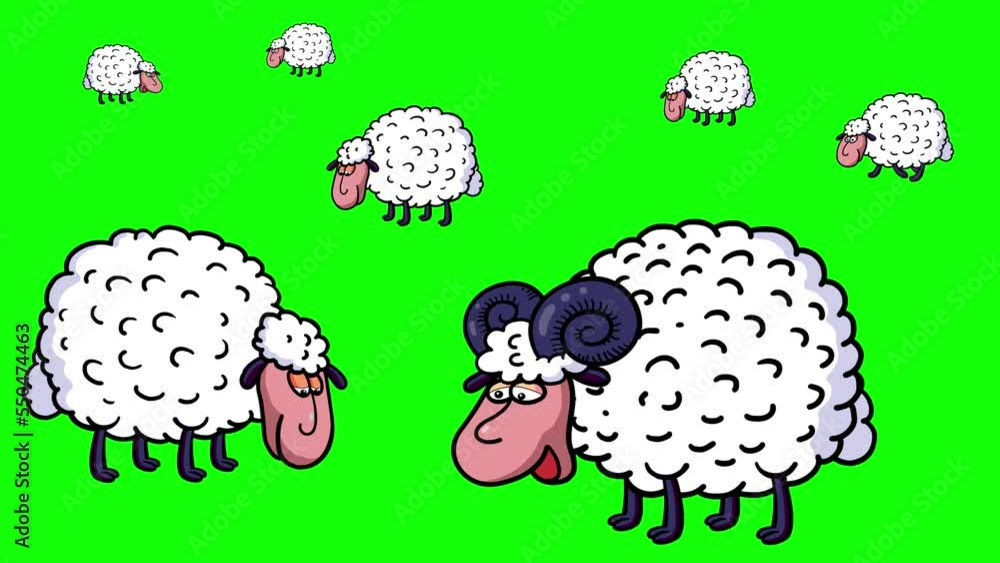 Six white sheep and one ram cartoon character isolated eating. Greenbox ...