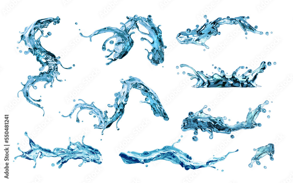 3d render, set of water splashes clip art, isolated on white background ...