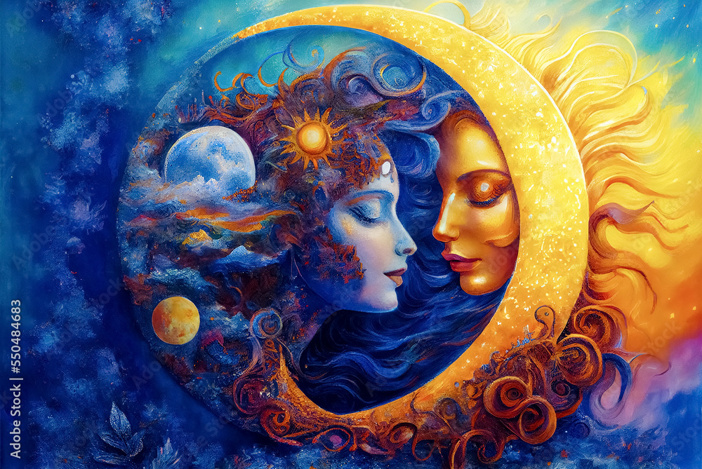Fantastic magical fairy tale landscape with moon and sun. Day and night ...