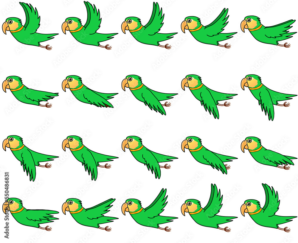 Green parrot flying 2d animated sprite sheet PNG for video games Stock ...