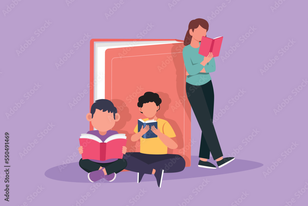 Graphic flat design drawing friendly family reads books together. Woman ...