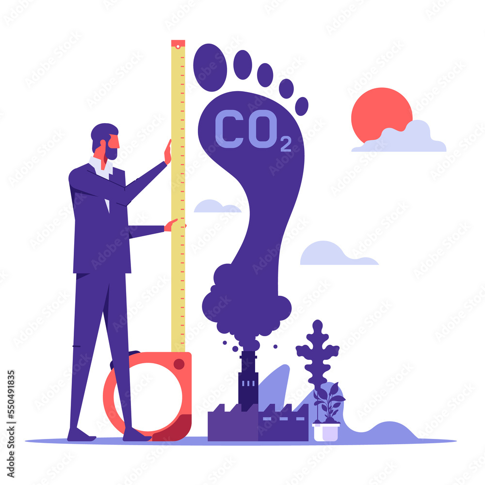 Man measure huge foot, carbon footprint pollution, co2 emission ...