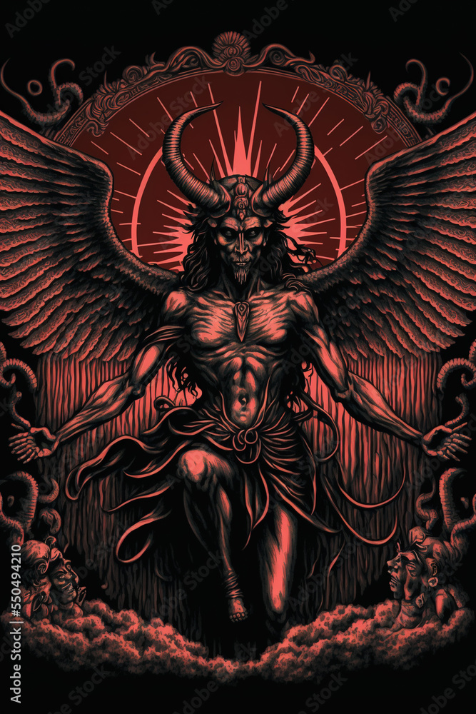 Red Baphomet demon king statue gothic engraving illustration filigree ...
