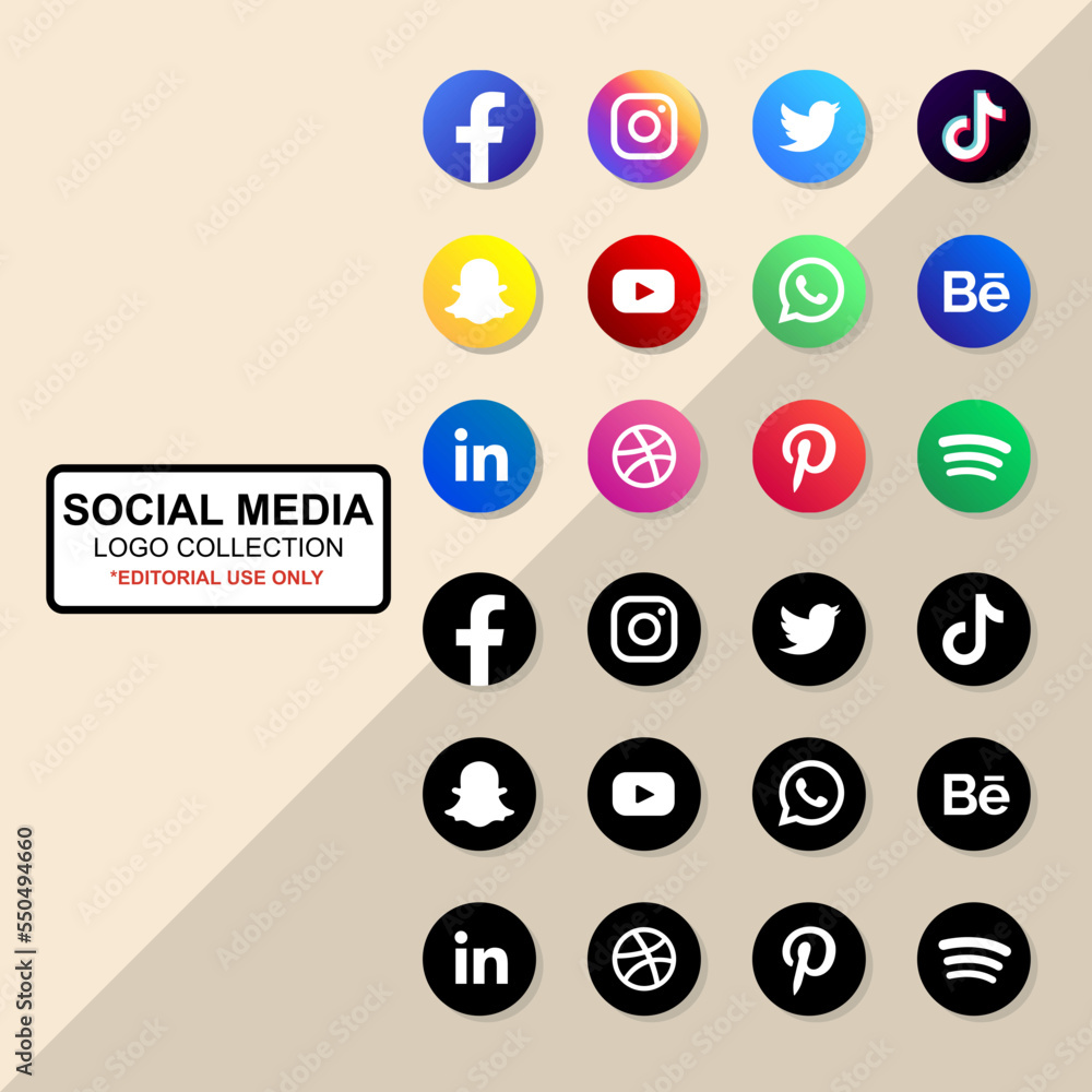 Collection of popular social media logo. Facebook, instagram, twitter, linkedin, youtube ...