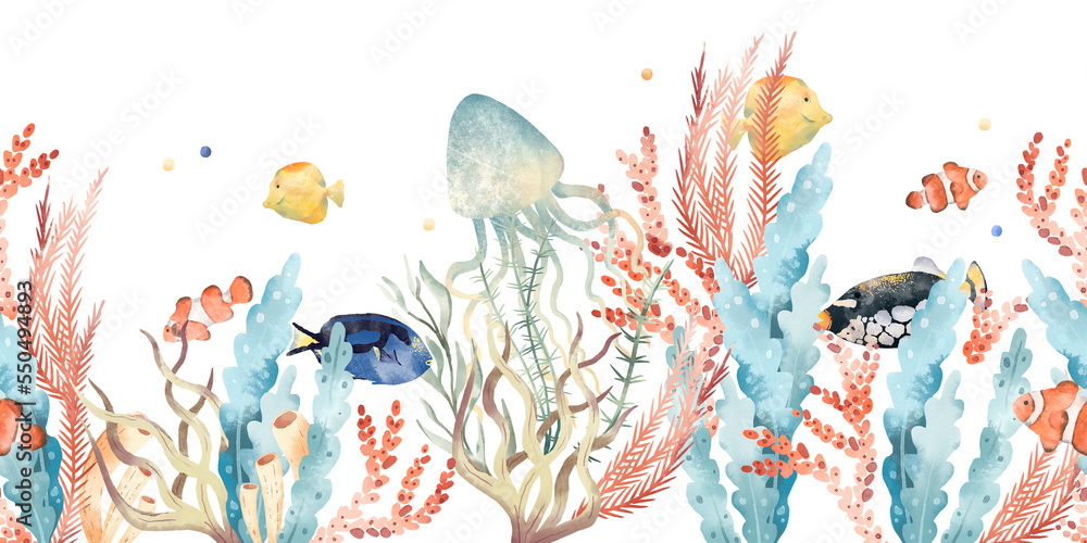 Watercolor horizontal seamless border, colorful illustration of sea ...