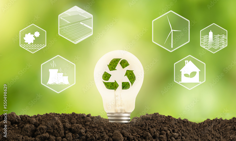 Shining bulb with recycle icon and energy resource icons as a symbol of ...