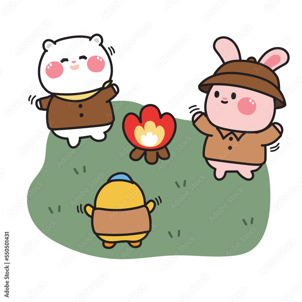 Cute animal dance around bonfire in the jungle.Camping in the forest ...