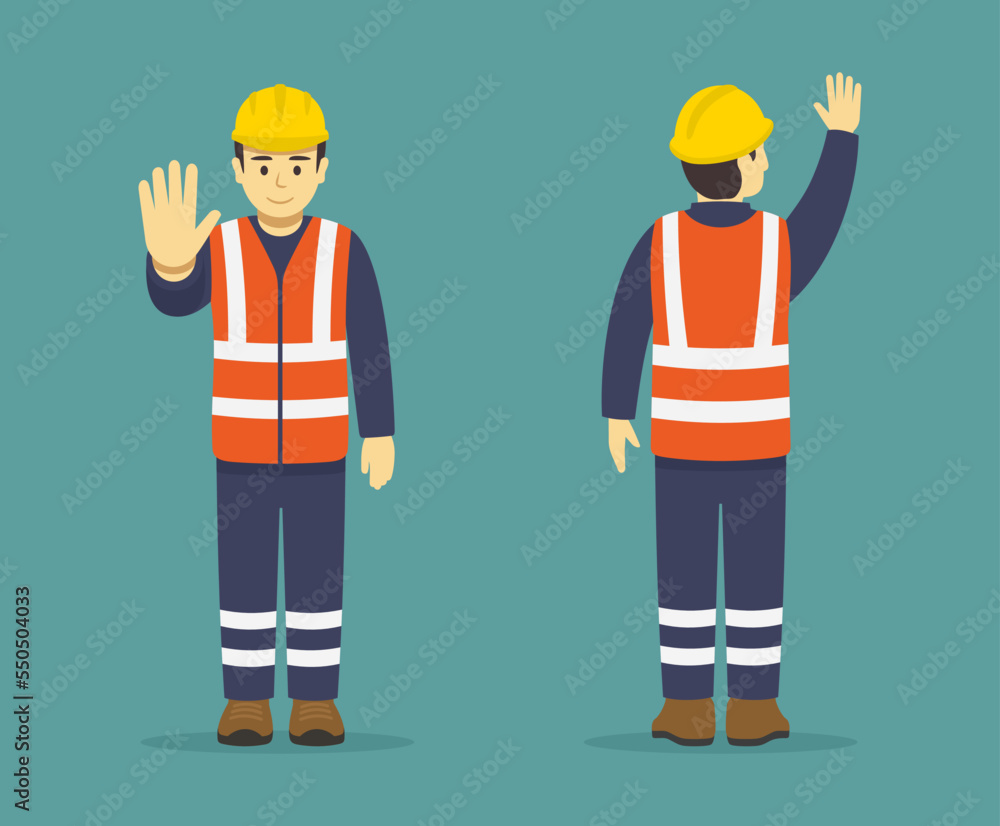Isolated construction worker makes a stop gesture with his hand. Front ...