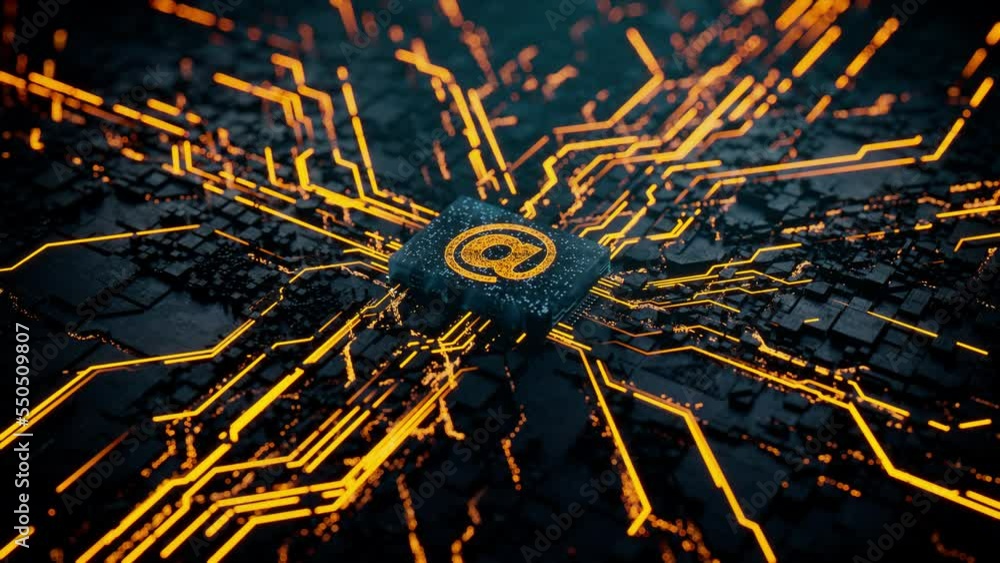 Email Technology Concept with @ symbol on a Microchip. Orange Neon Data ...