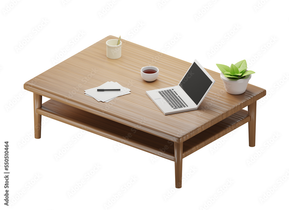 3D wooden table with laptop. wooden furniture. small wooden table ...