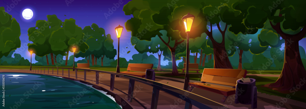 Riverside night park lane with benches and illuminated light posts ...