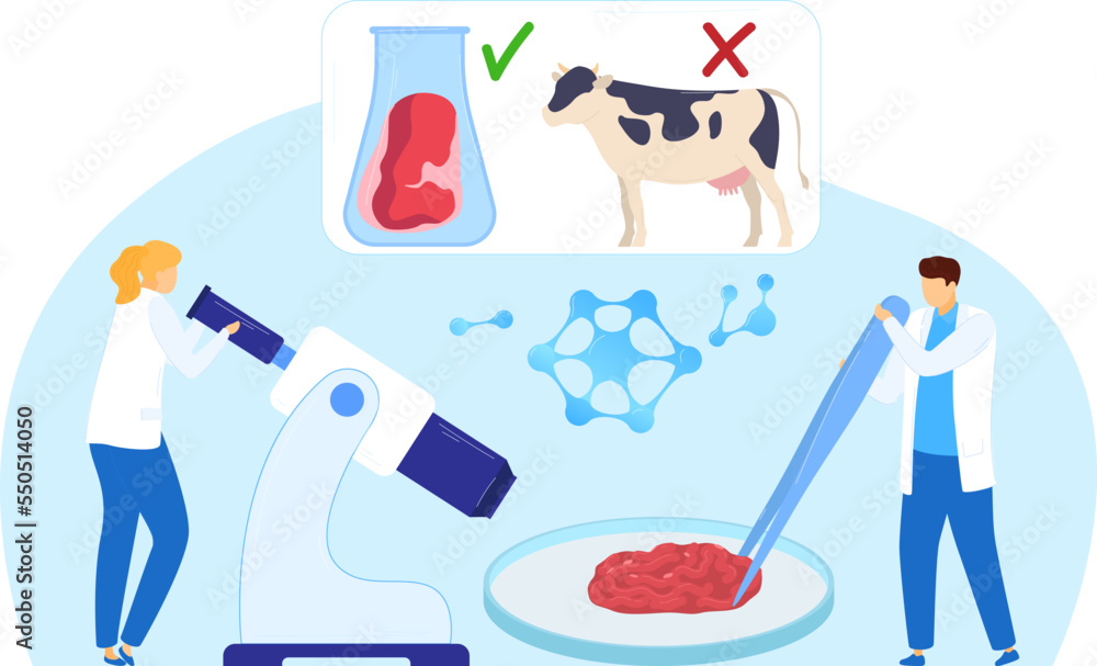 Cartoon laboratory with man woman people test meat ingredient concept ...