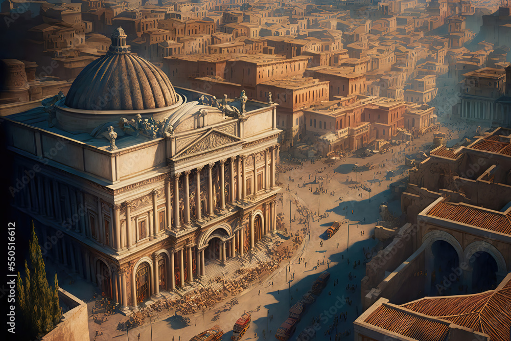 AI generated image of aerial view of ancient Rome with palaces, temples, gardens, roads, markets ...