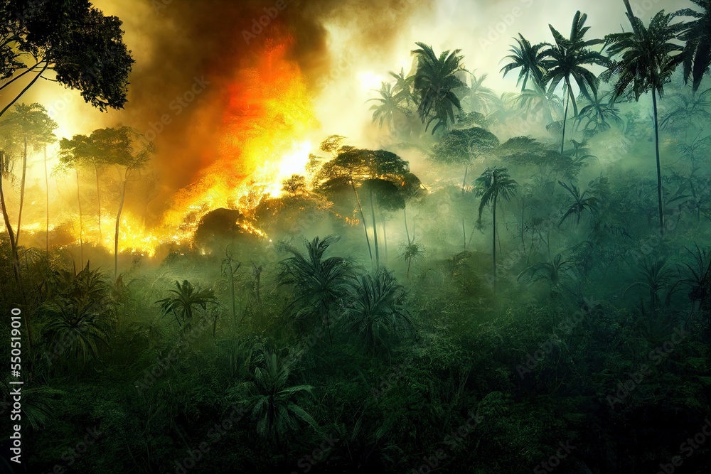 Tropical forest fire burning. 3d art. Stock Illustration | Adobe Stock
