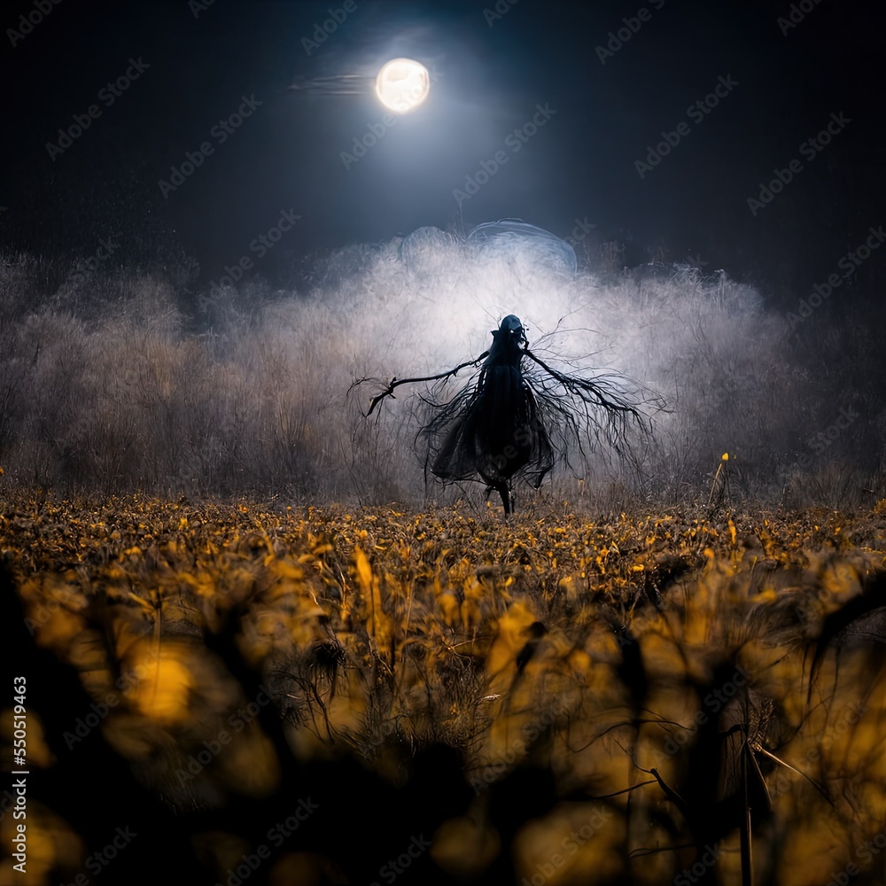 Banshee and misty farm field with crops. Full moon. Illustration. Stock ...