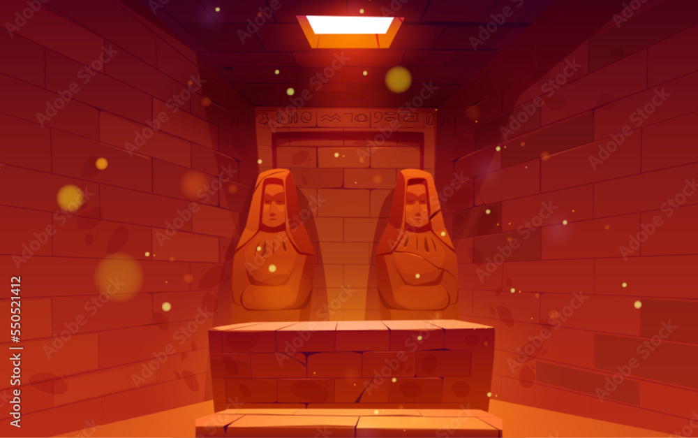 Ancient Egyptian pyramid inside. Pharaoh tomb with stone sarcophagus ...