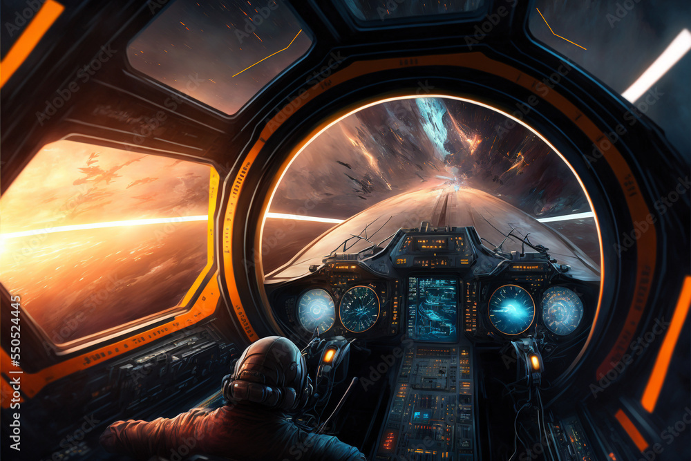 Inside of a Spaceship Driving at Hyper Speed, Space Travellers flying ...