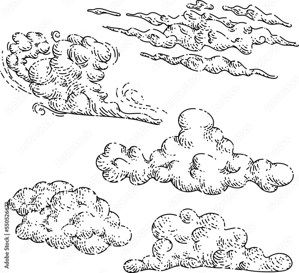 cloud sky set sketch hand drawn vector weather art, heaven storm ...