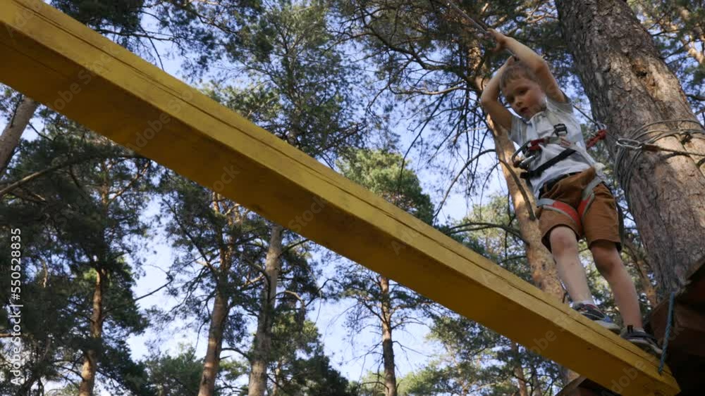 On the thin beam of the rope park, a little boy has to walk overcoming ...