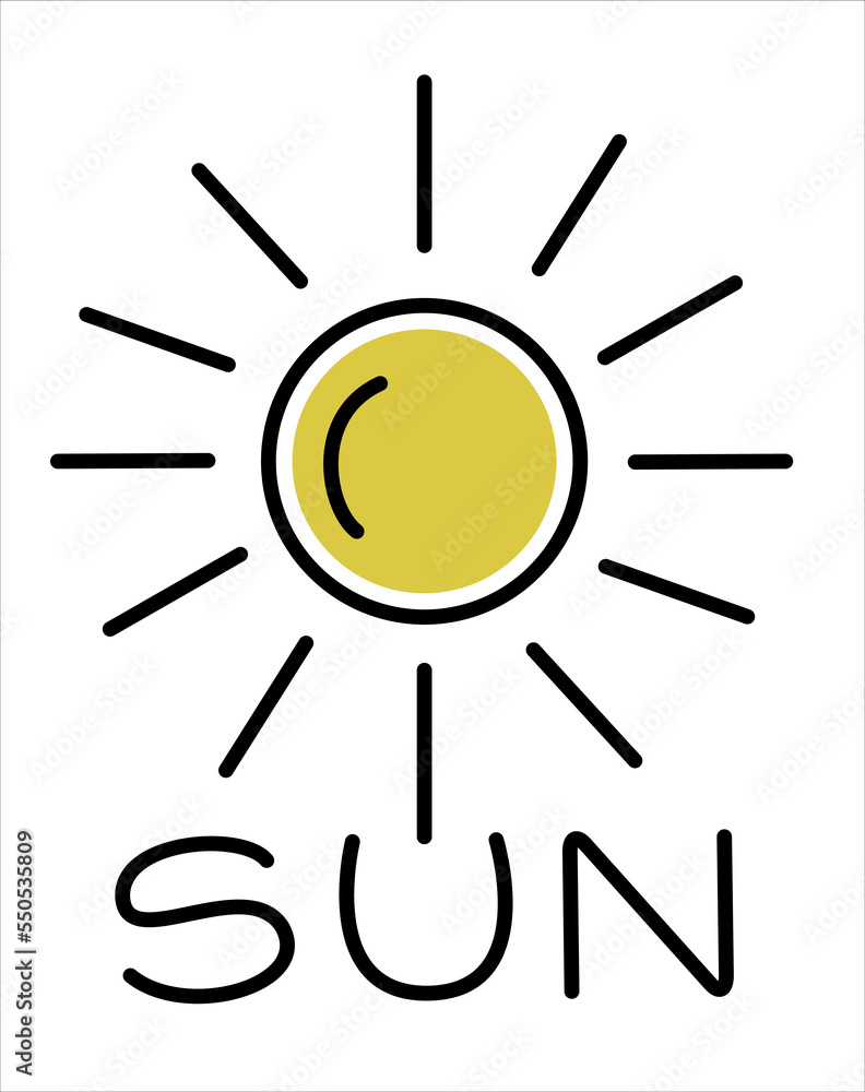 Vector black line hand drawn logo yellow sun with black outline and ...